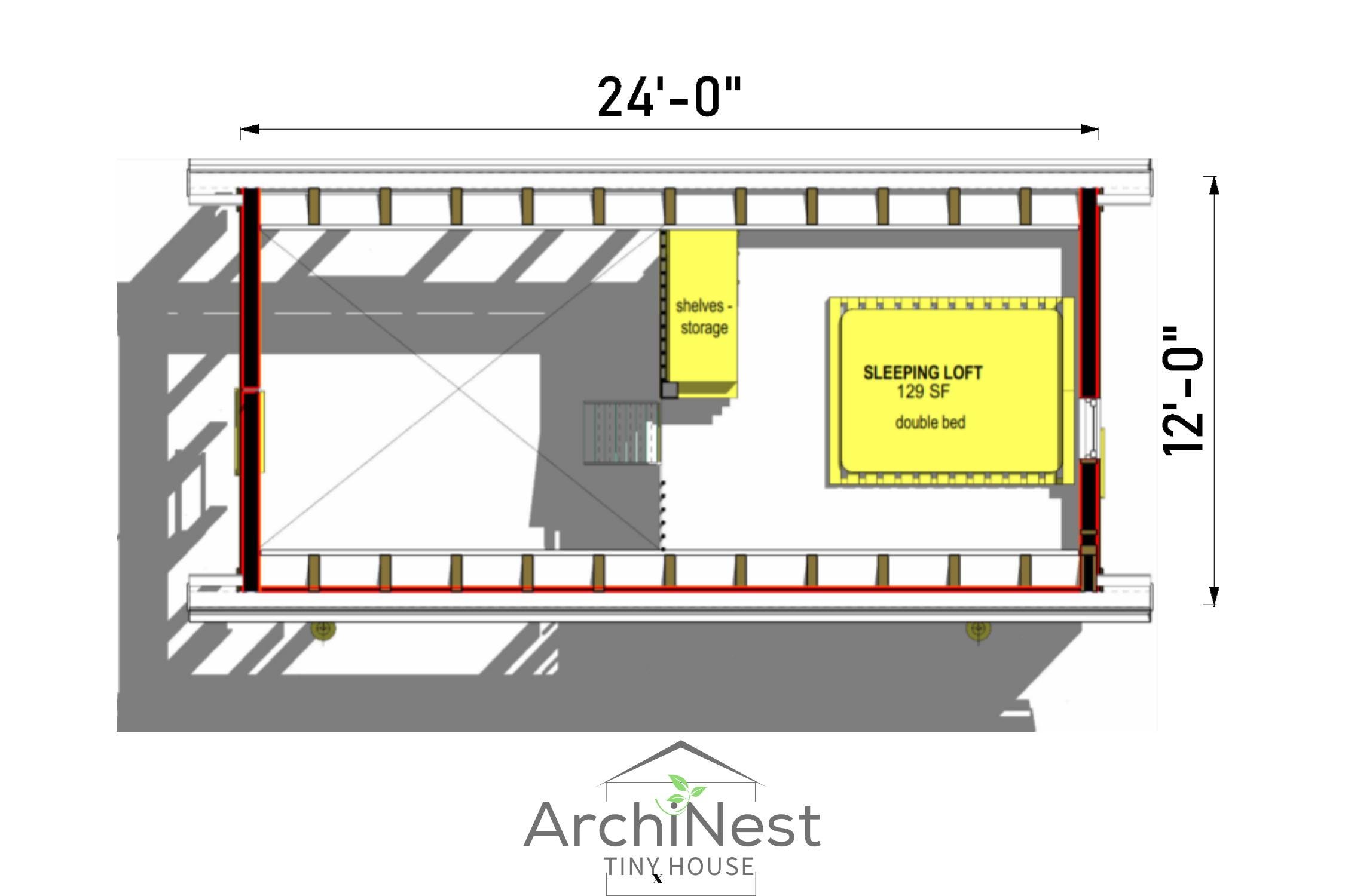 12' X 24' Modern Tiny House Plan : Sleeping Loft, Technical Room (PDF ...