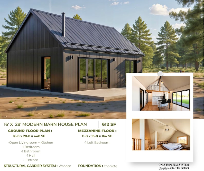 Modern Barn House Plan | 2 Bed Cabin With Loft (PDF Download) , 16' X ...