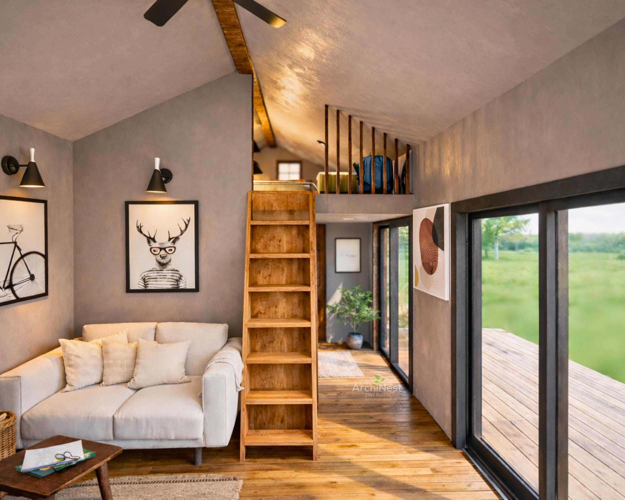 12'x24' Tiny House Plan With Loft & Large Deck | Modern Cabin Design ...