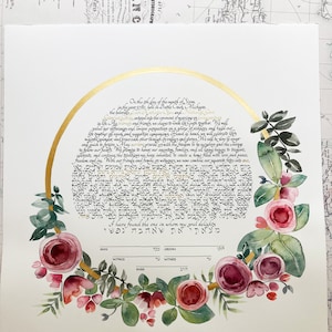 Floral Watercolor Gold Ring Custom Ketubah >