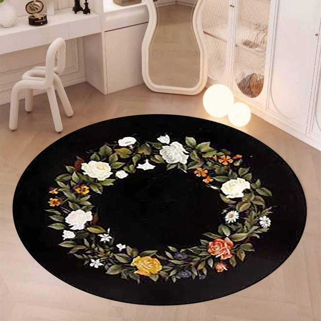 Floral Round Rug, Floral Outdoor Indoor Rug, Round Mat Rug, Bathmat ...