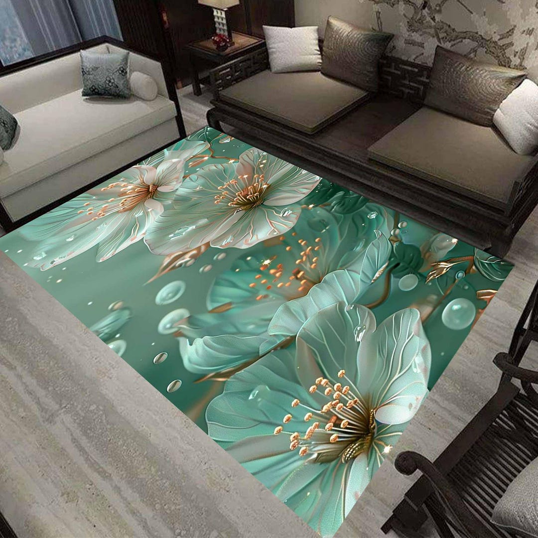 Elegant Large Floral Area Rug, 3D Green Flower Carpet for Living Room ...