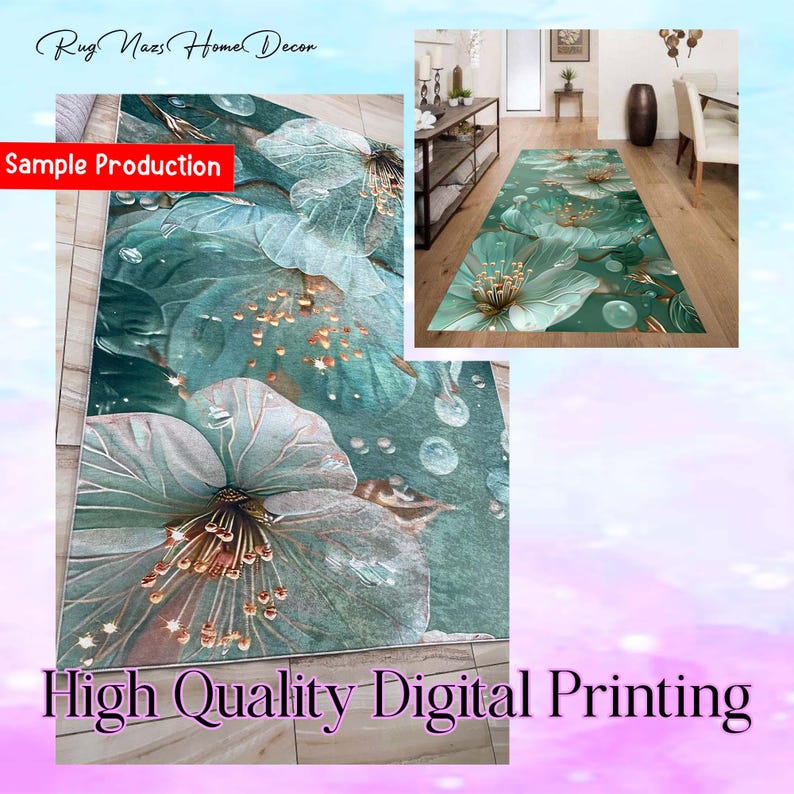 Elegant Large Floral Area Rug, 3D Green Flower Carpet for Living Room ...