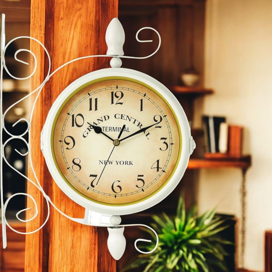 Double-sided Wall Clock Retro Station Hanging Clock Silent White Mute ...