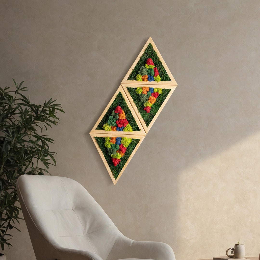Triangle Moss Wall Decor, Preserved Moss Art, Colorful Wood Frame ...