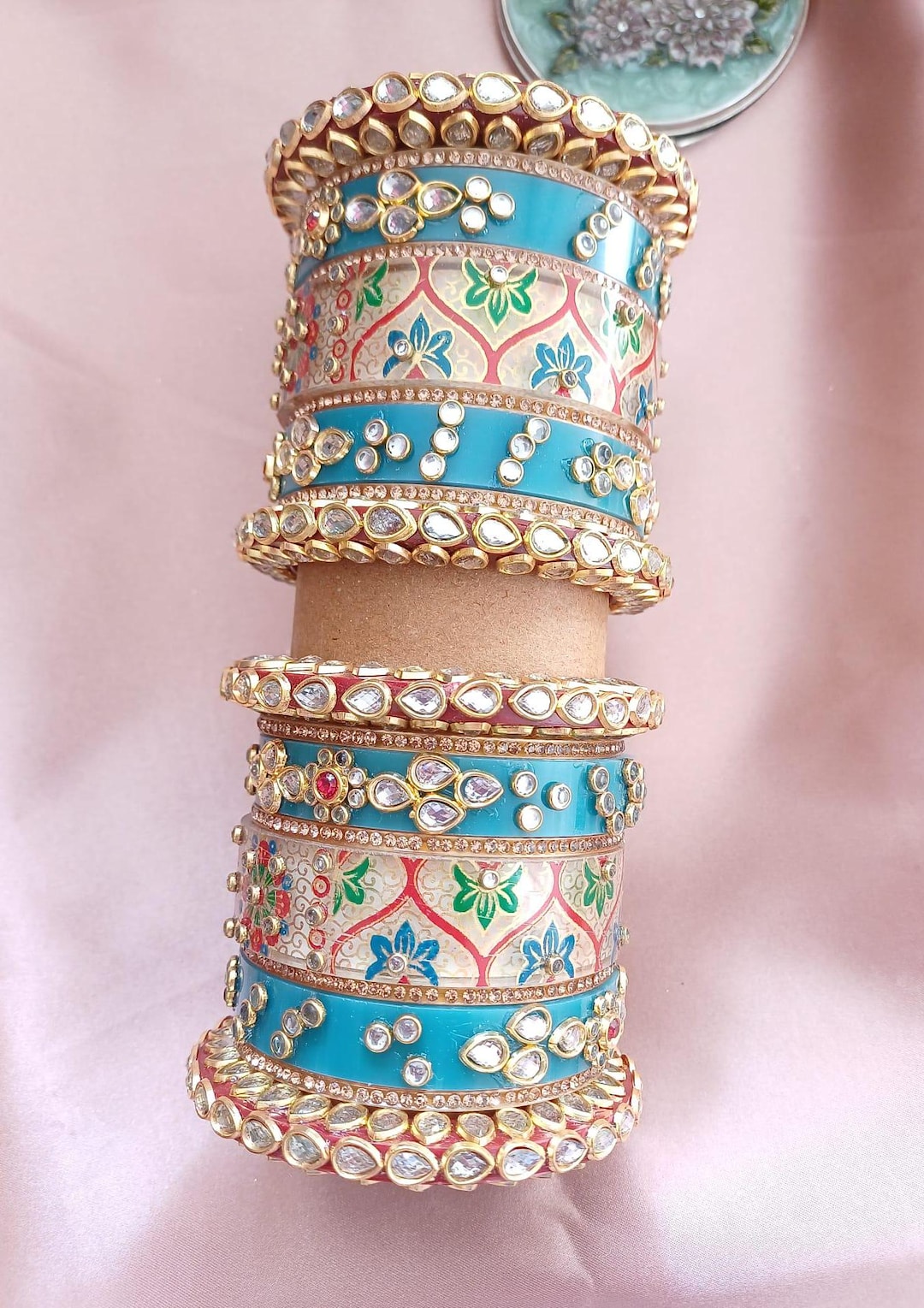 Hand-painted Kundan Bridal Chura: Aqua Blue Rajasthani Bangles Chooda ...