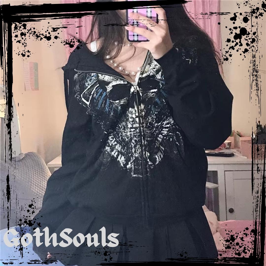 Gothsouls | Gothic Women Skull Y2k Clothes Cybercore Zipper Sweatshirt ...