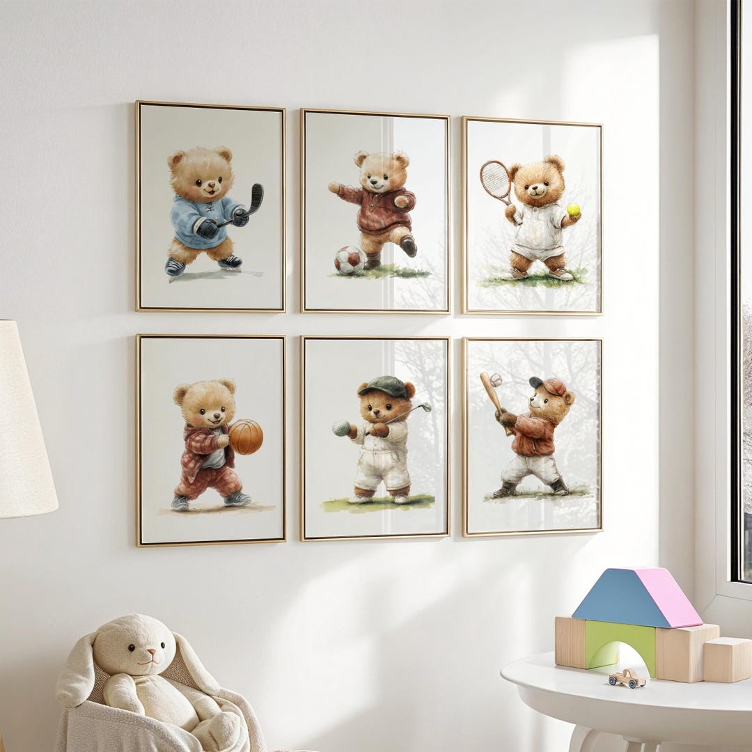 Vintage Teddy Bear Sports Prints: Watercolor Nursery Art Set (digital ...