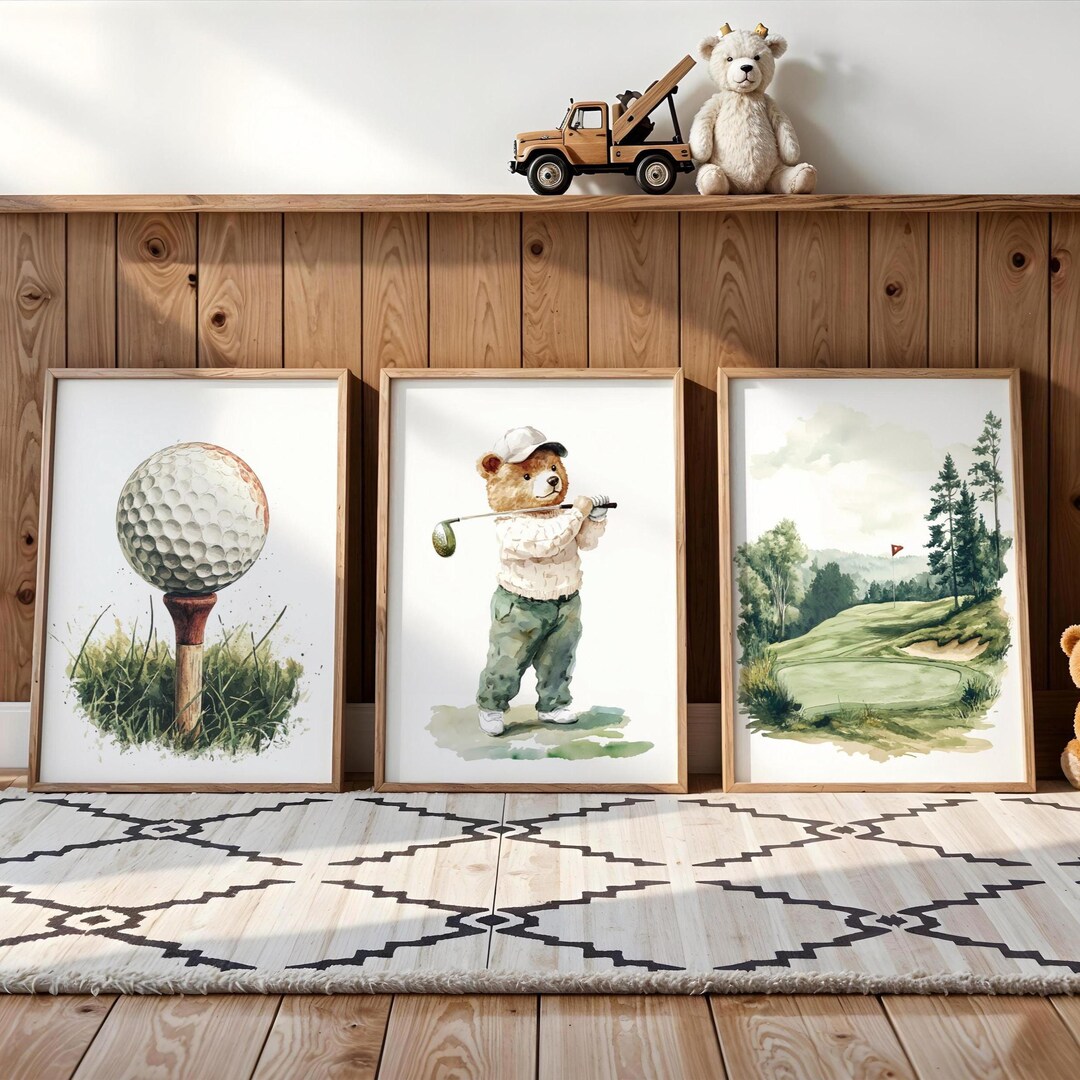 Golf Nursery Prints: Watercolor Teddy Bear, Retro Sports Decor (digital ...