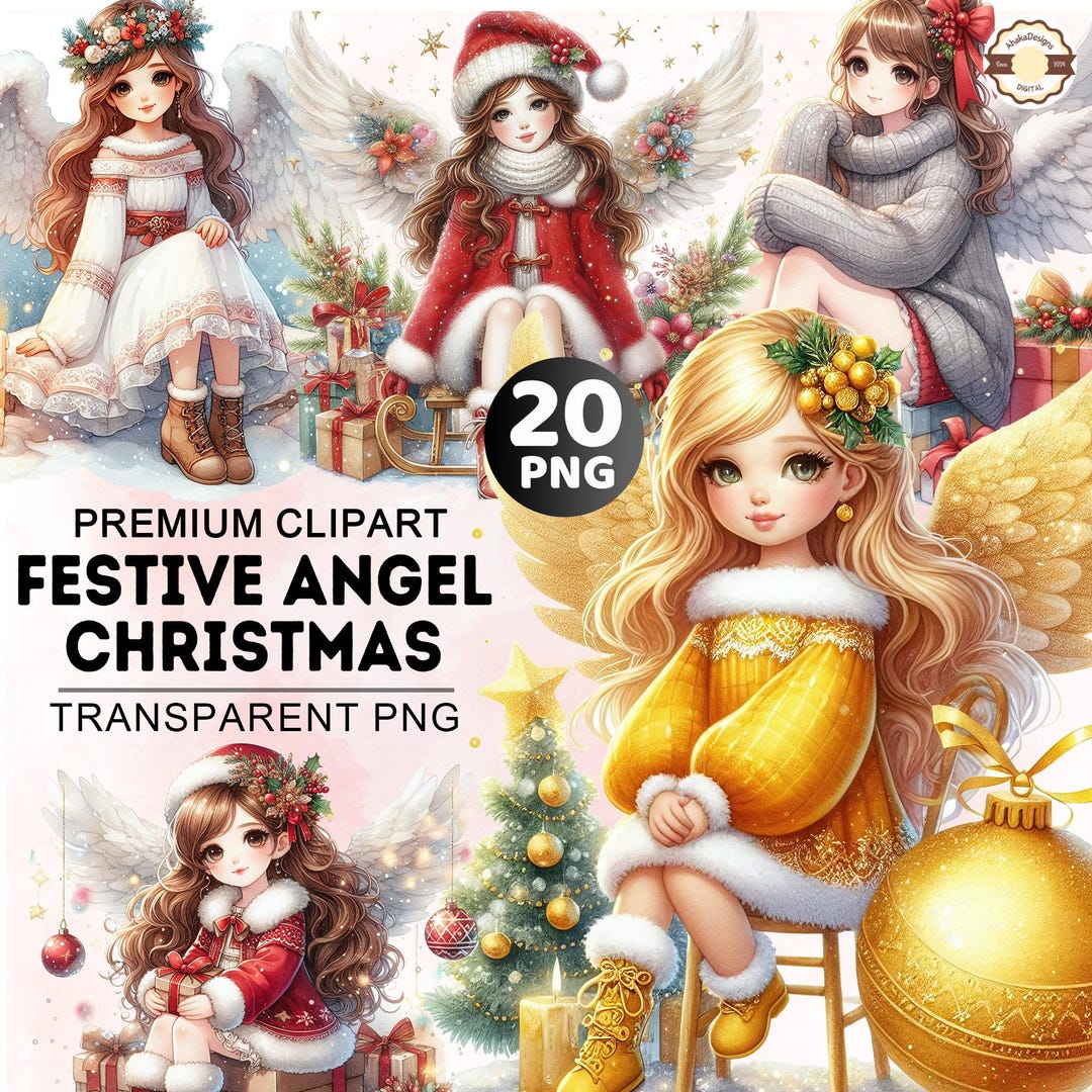 20 Christmas Angel Clipart Bundle, Watercolor Festive Angel Christmas ...