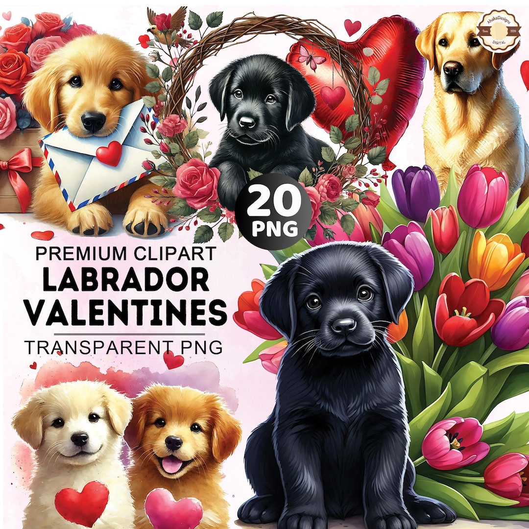 20 Valentines Labrador Clipart Bundle, Watercolor Valentines Labrador ...