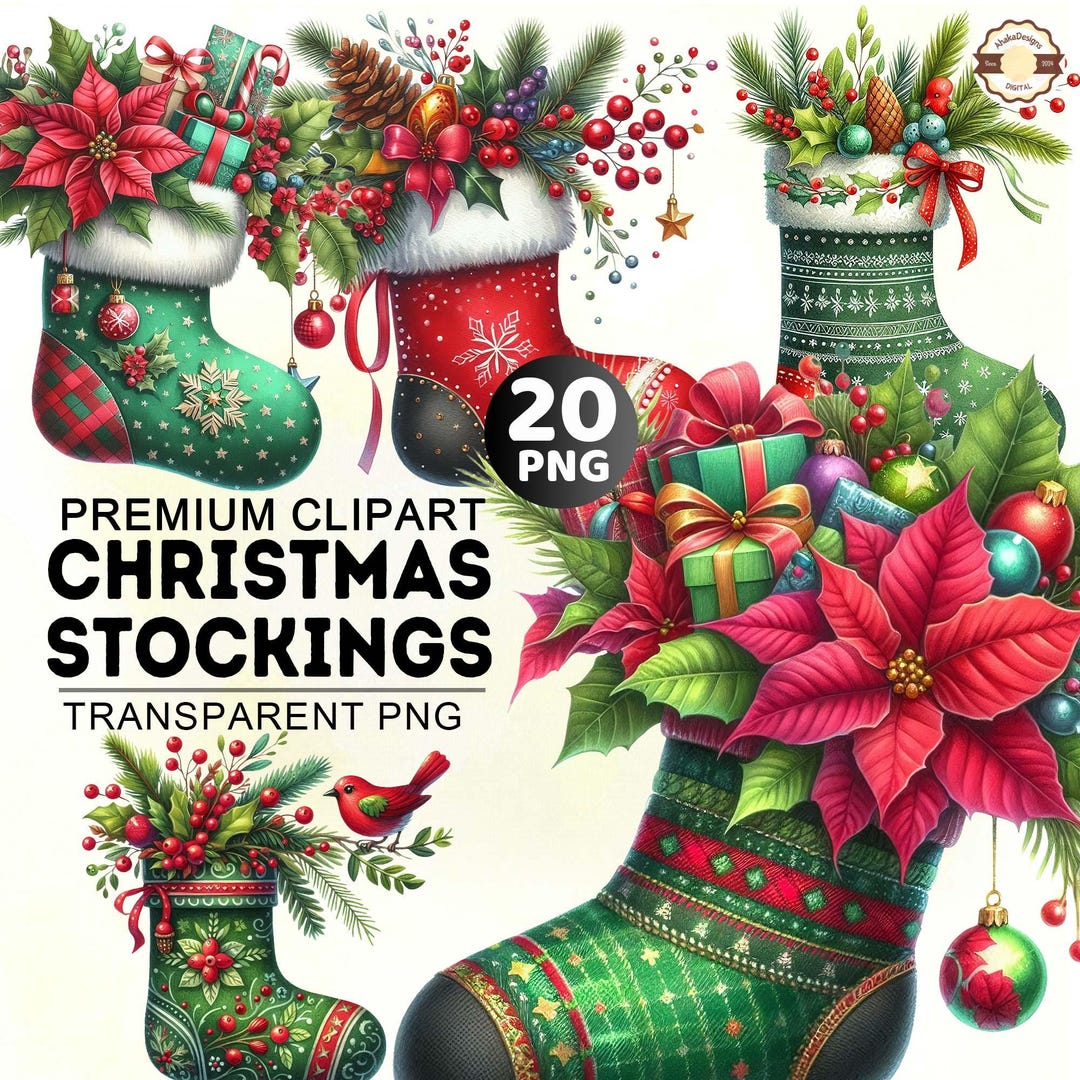 20 Festive Stockings Clipart Bundle, Watercolor Christmas Stocking ...