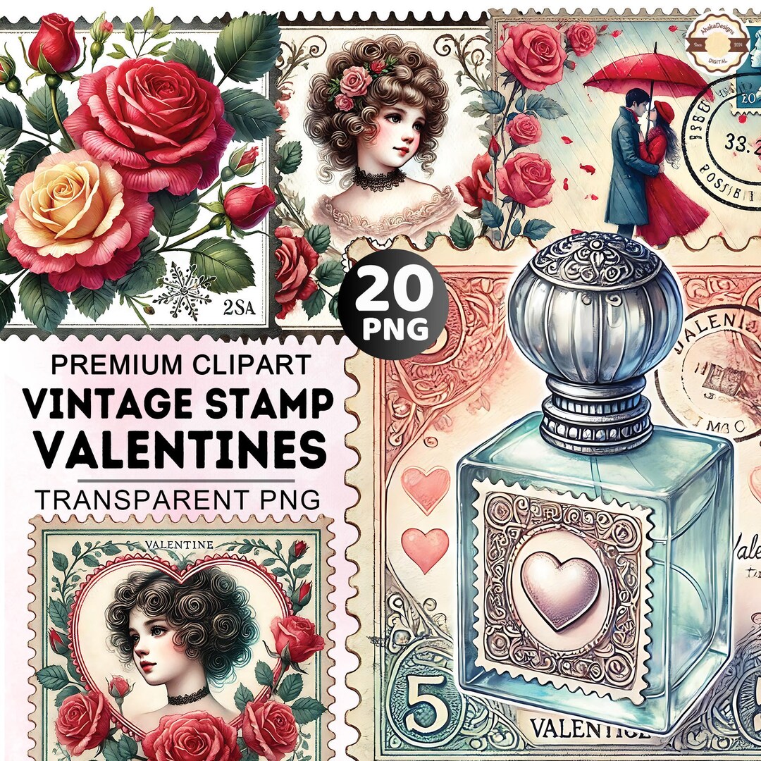 20 Romantic Vintage Stamp Clipart Bundle, Watercolor Romantic Vintage ...