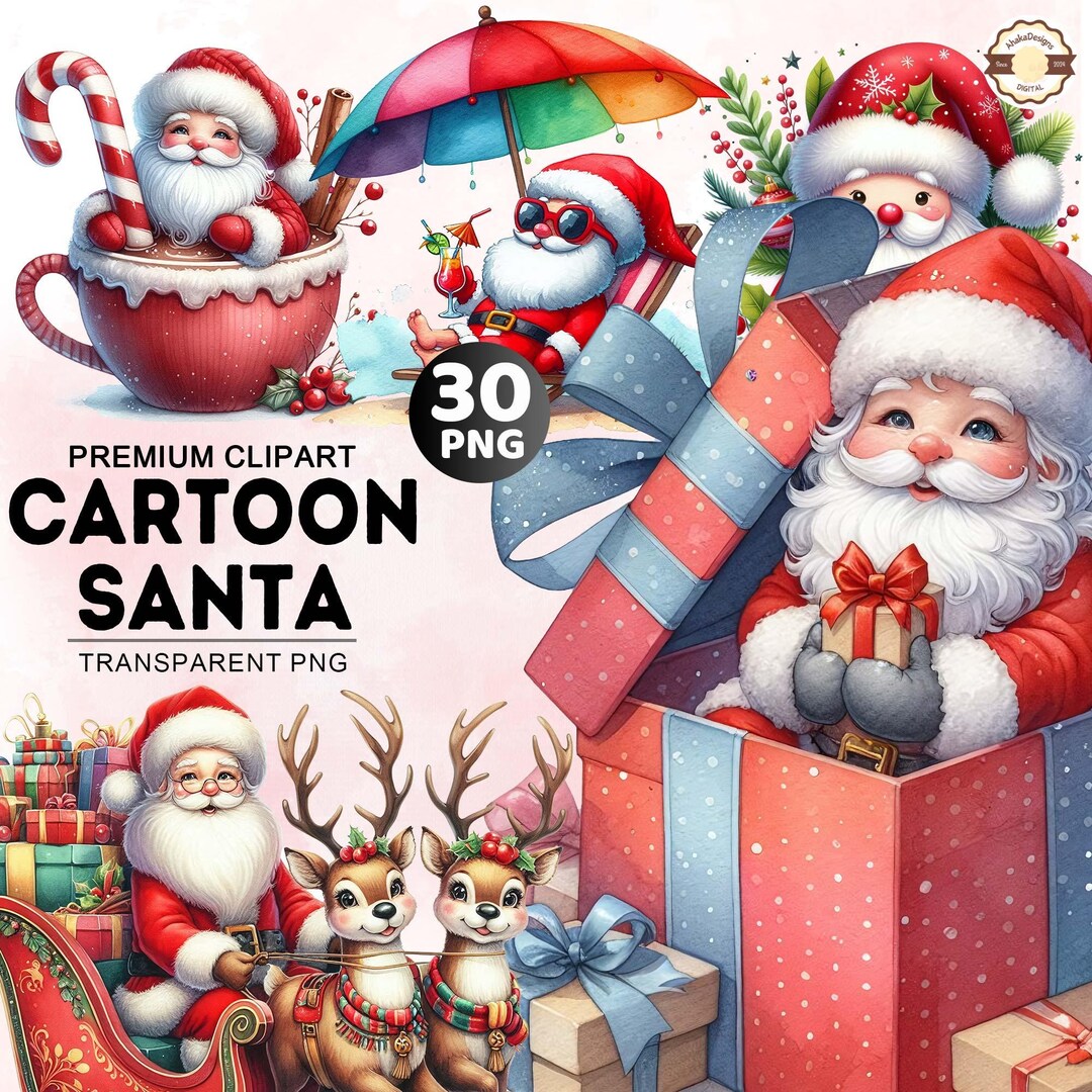 30 Christmas Santa Claus Clipart Bundle, Watercolor Cartoon Santa ...