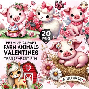 20 Farm Animal Clipart Bundle, Watercolor Valentines Farm Animals ...