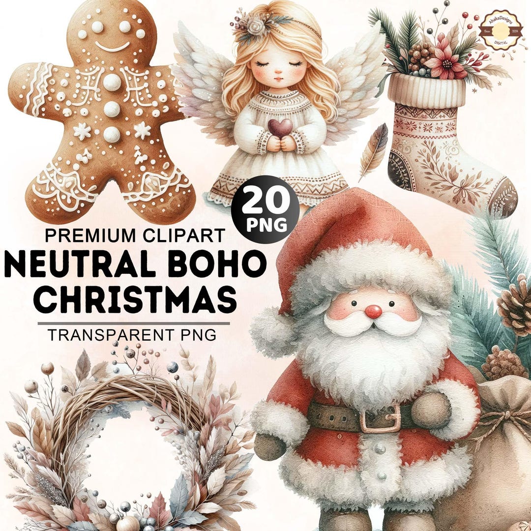 20 Boho Christmas Clipart Bundle, Watercolor Neutral Christmas Clipart ...