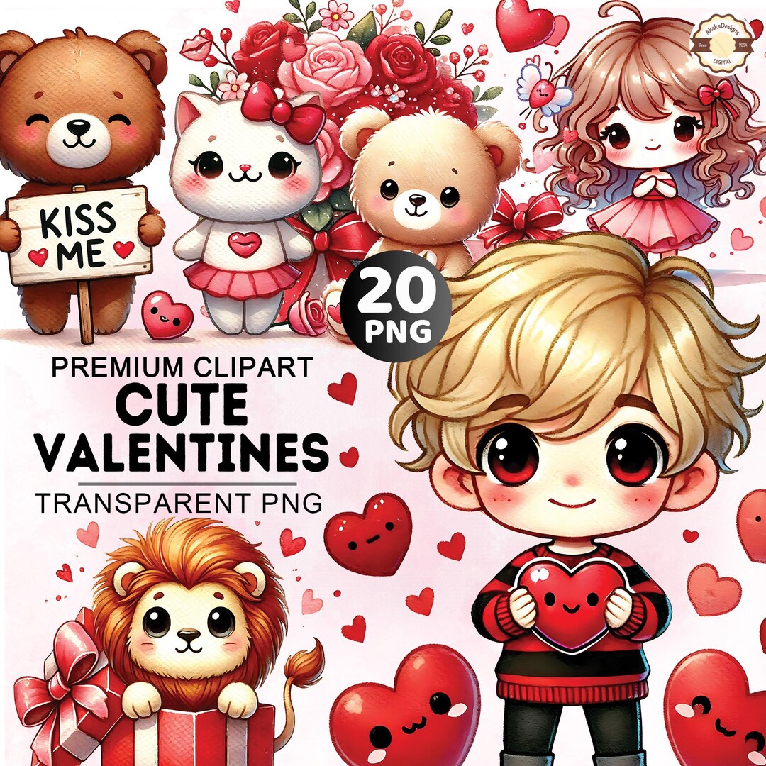 20 Cute Valentines Clipart Bundle, Watercolor Cute Valentines Clipart ...