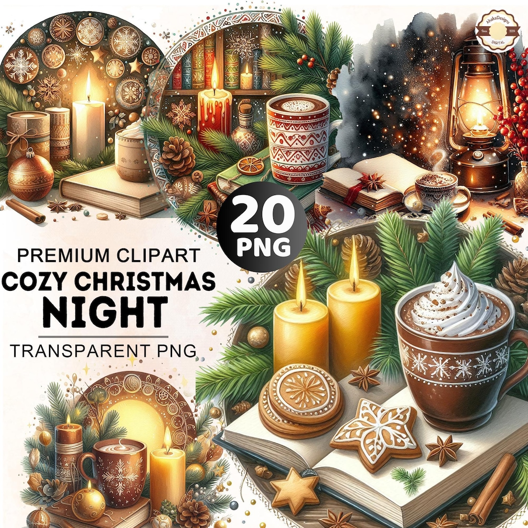 20 Festive Warm Holiday Clipart Bundle, Watercolor Cozy Christmas Night ...
