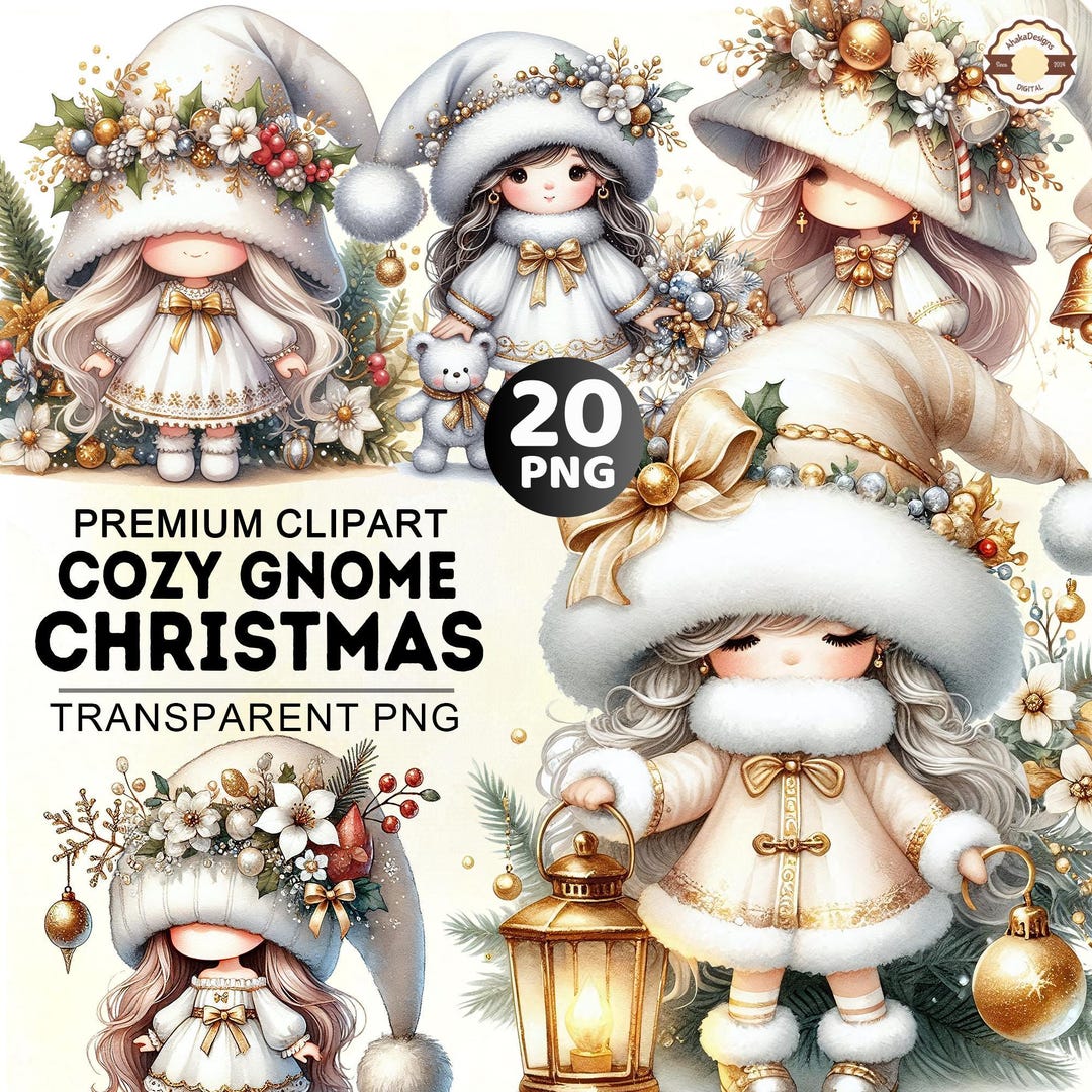20 Cute Holiday Gnome Clipart Bundle, Watercolor Christmas Cozy Gnome ...