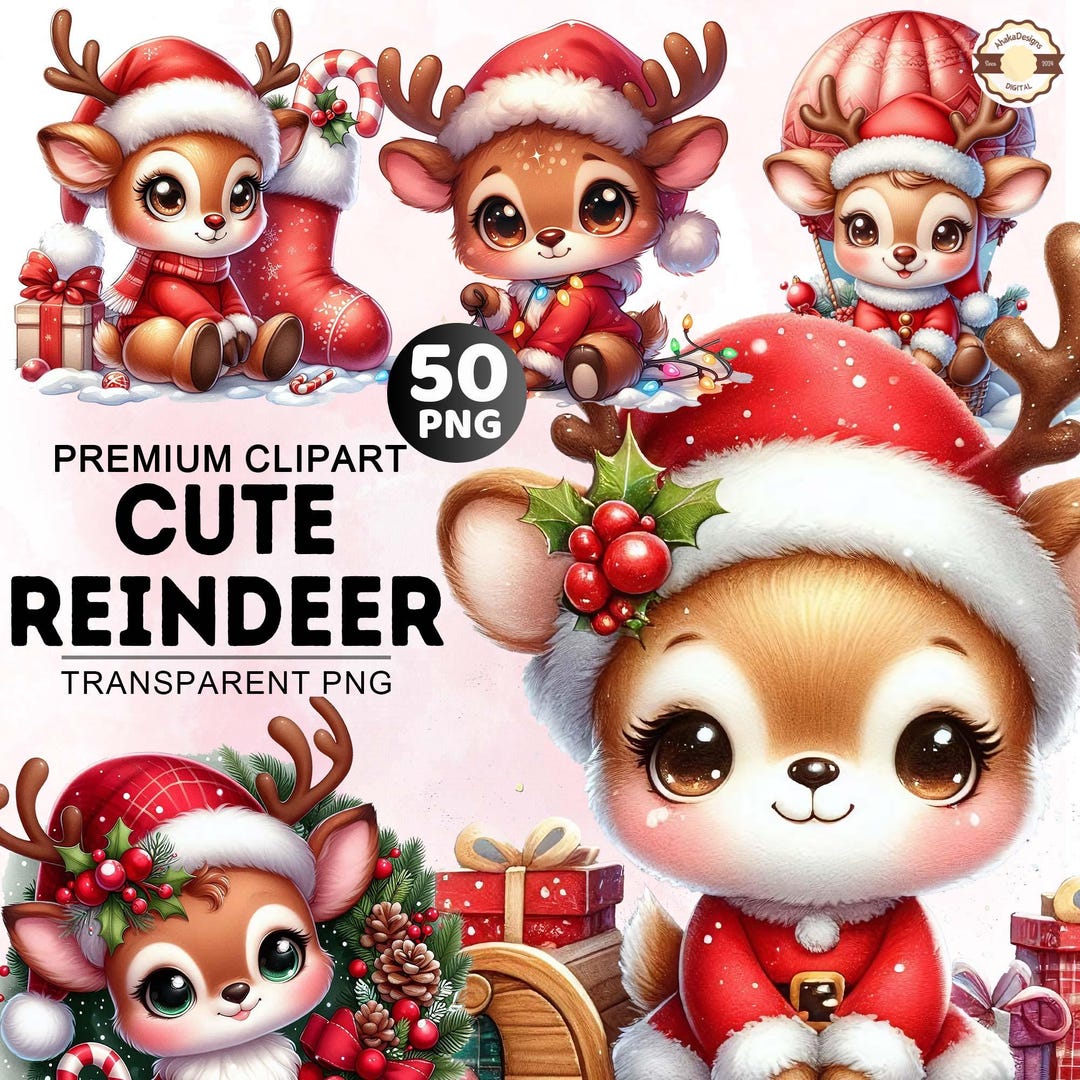 50 Santa Reindeer Clipart Bundle, Watercolor Cute Reindeer Clipart ...