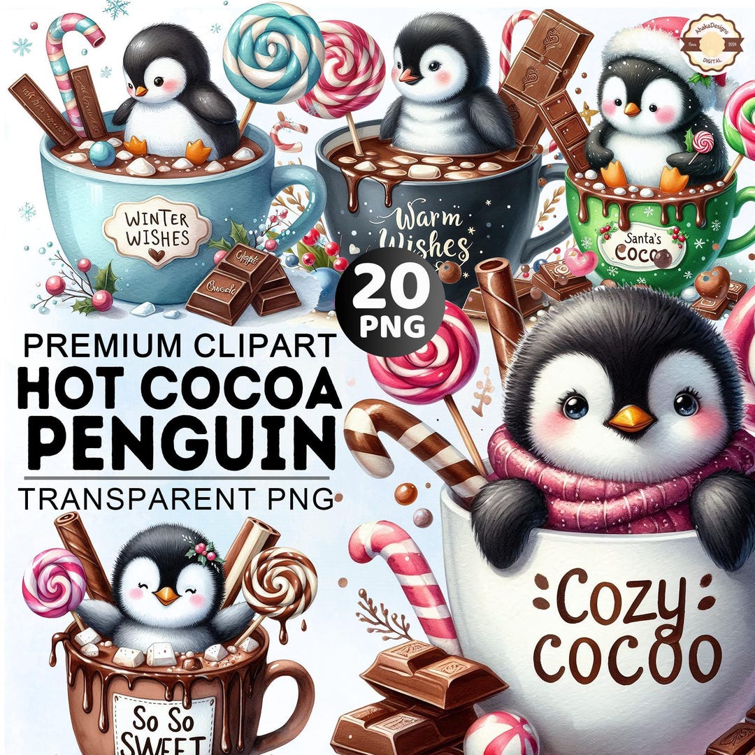 20 Christmas Penguin Clipart Bundle, Watercolor Hot Cocoa Penguin ...