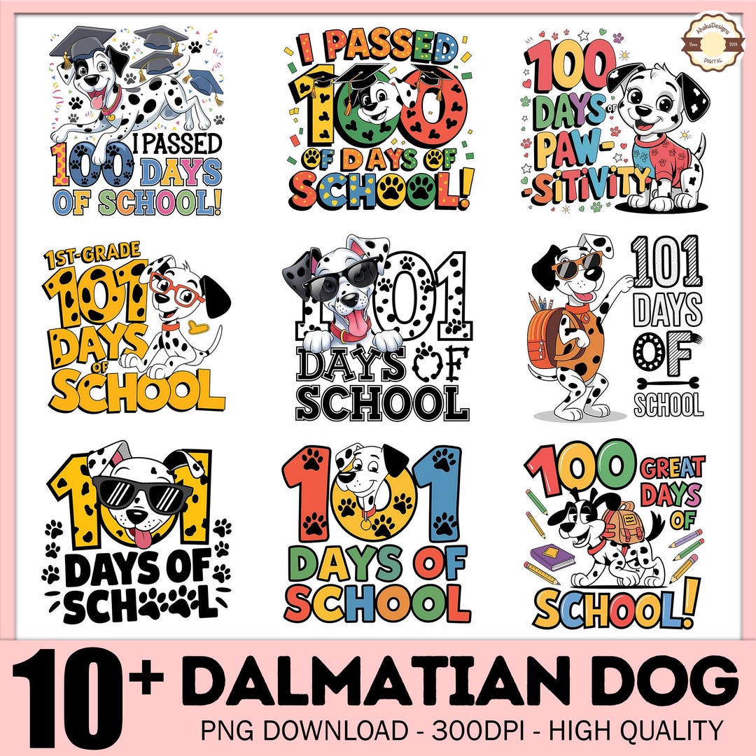 10 101 Days of School Dalmatian Dog Png Bundle, Happy 100 Days Png ...