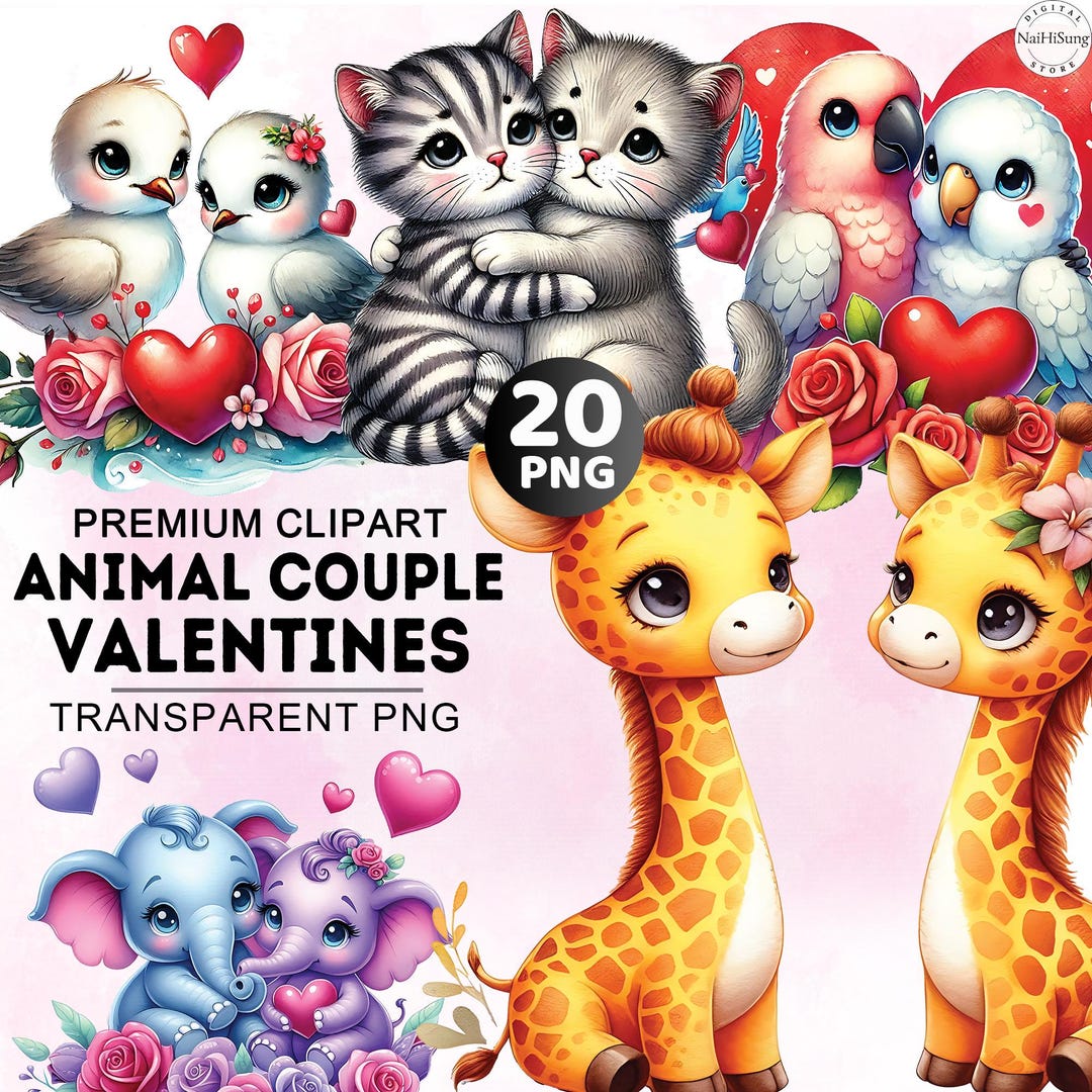 20 Animal Couple Clipart Bundle, Watercolor Valentine Animal Couple ...