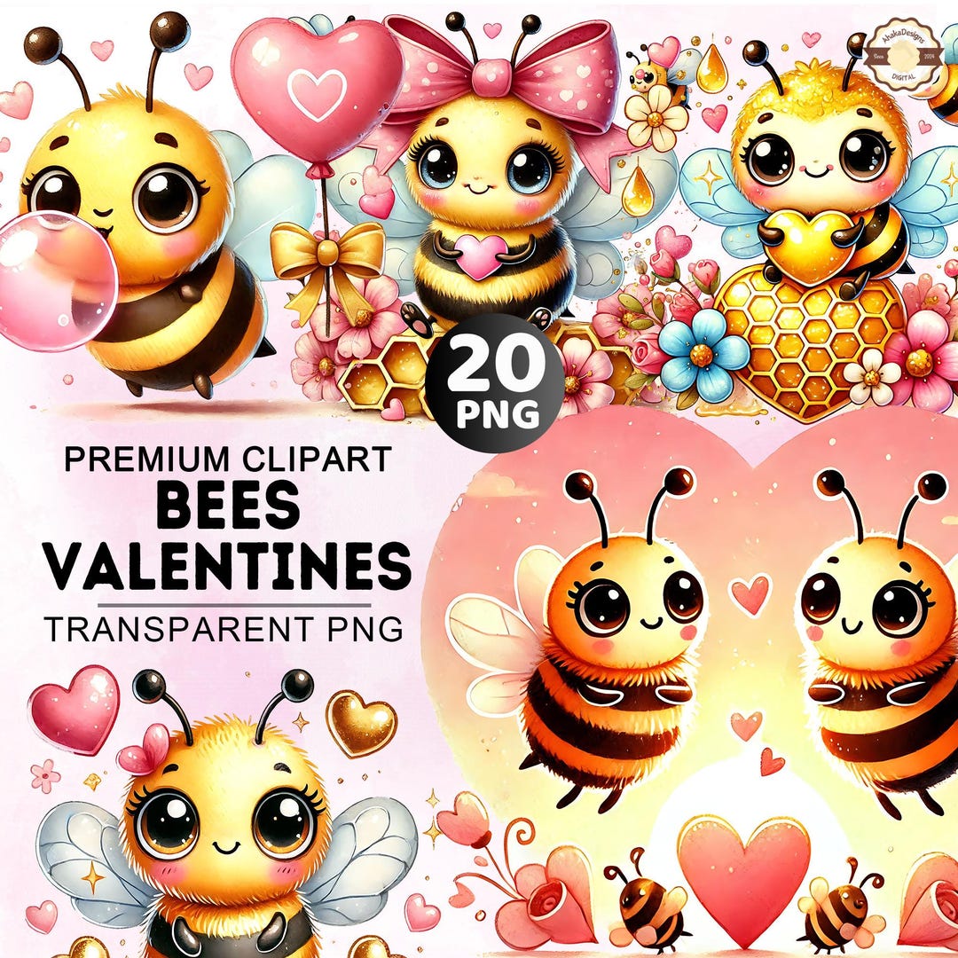 20 Valentine Bees Clipart Bundle, Watercolor Valentine Bees Clipart ...