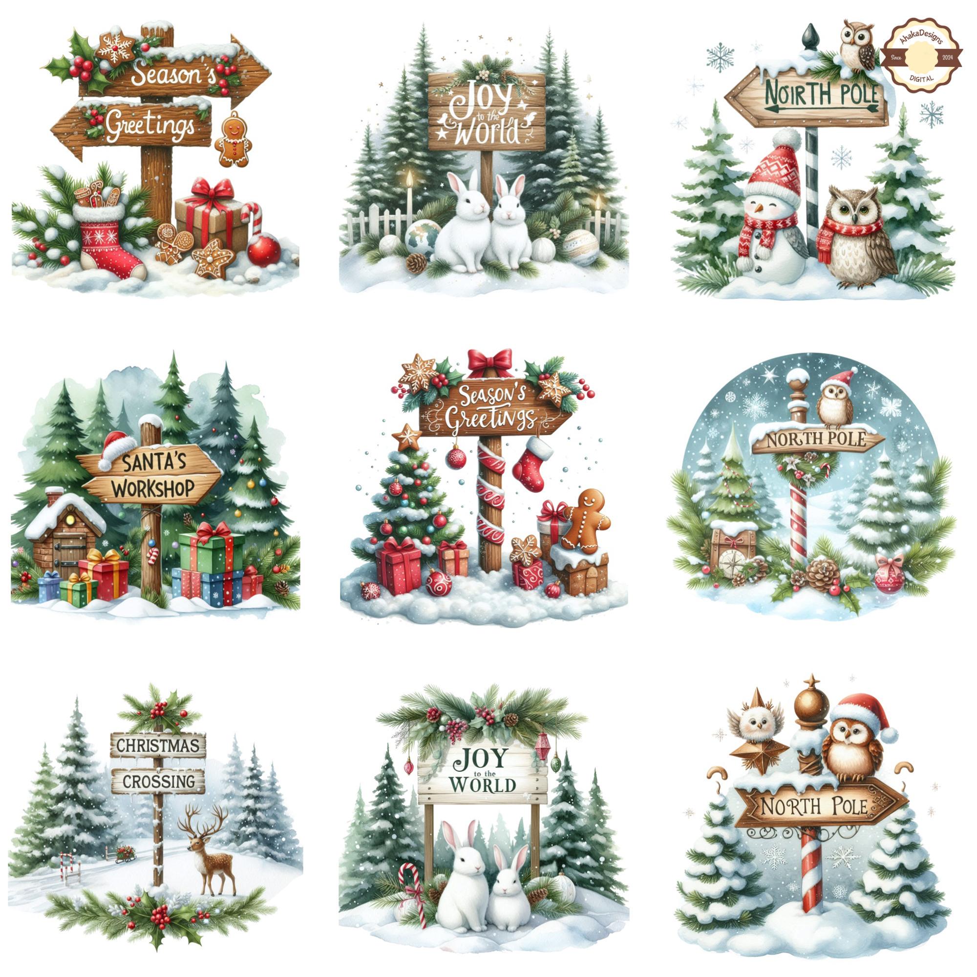 20 Holiday Signs Clipart Bundle, Watercolor Christmas Signpost Clipart ...