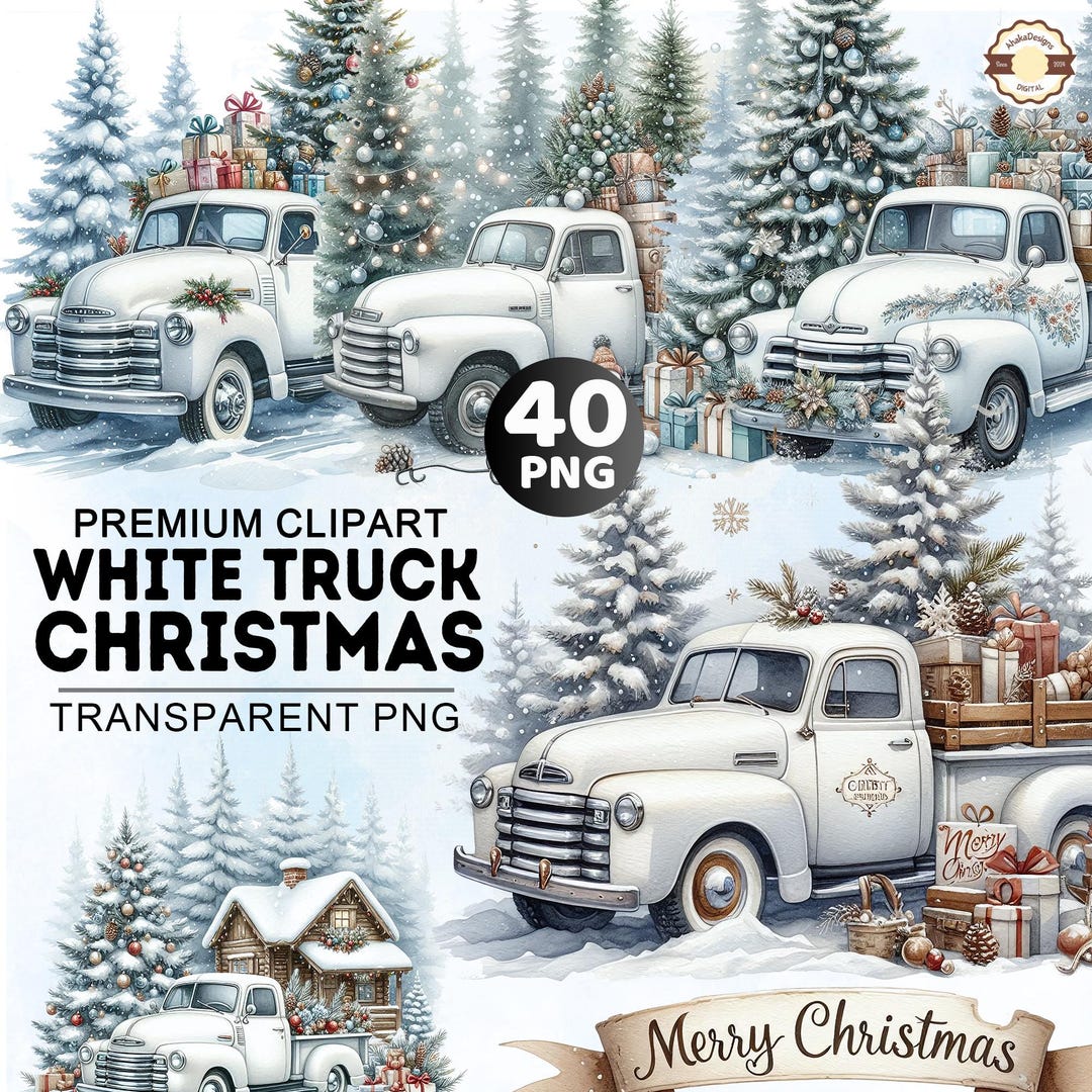 40 Retro Holiday Truck Clipart Bundle, Watercolor White Christmas Truck ...