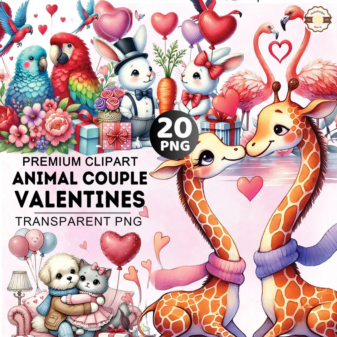 20 Animal Couple Clipart Bundle, Watercolor Cute Animal Couple Clipart ...