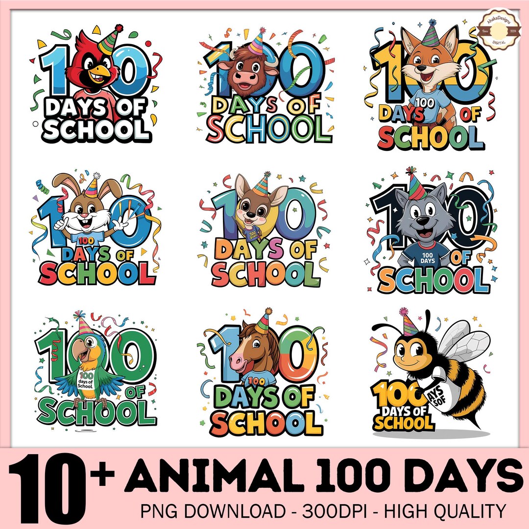 10 100 Days of School Animal Clipart Bundle, Funny Animal School Png ...