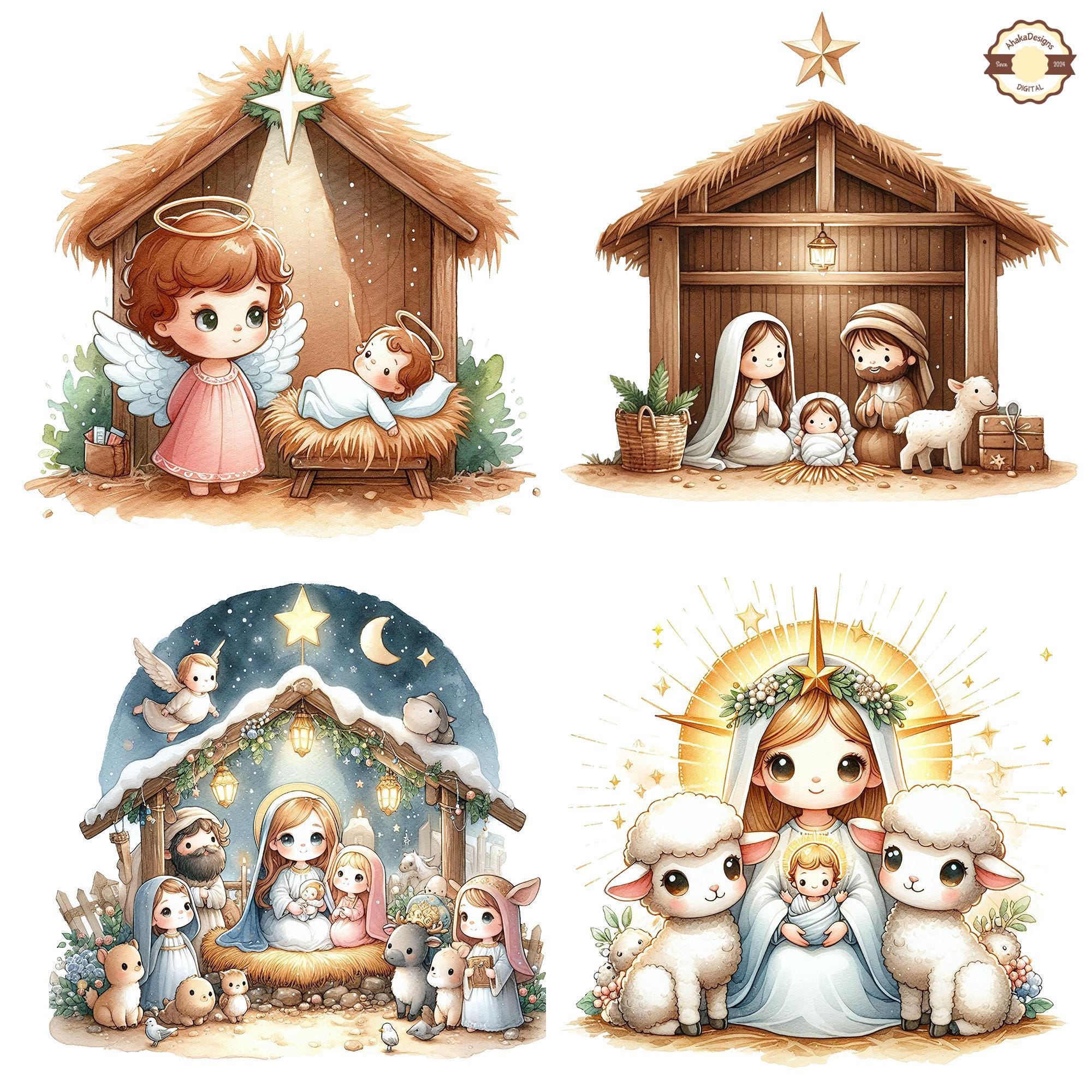 20 Xmas Jesus Birth Clipart Bundle, Watercolor Cute Nativity Scene ...