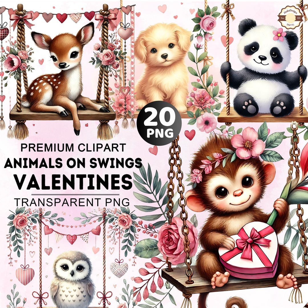 20 Valentines Animals Clipart Bundle, Valentines Animals on Swings ...