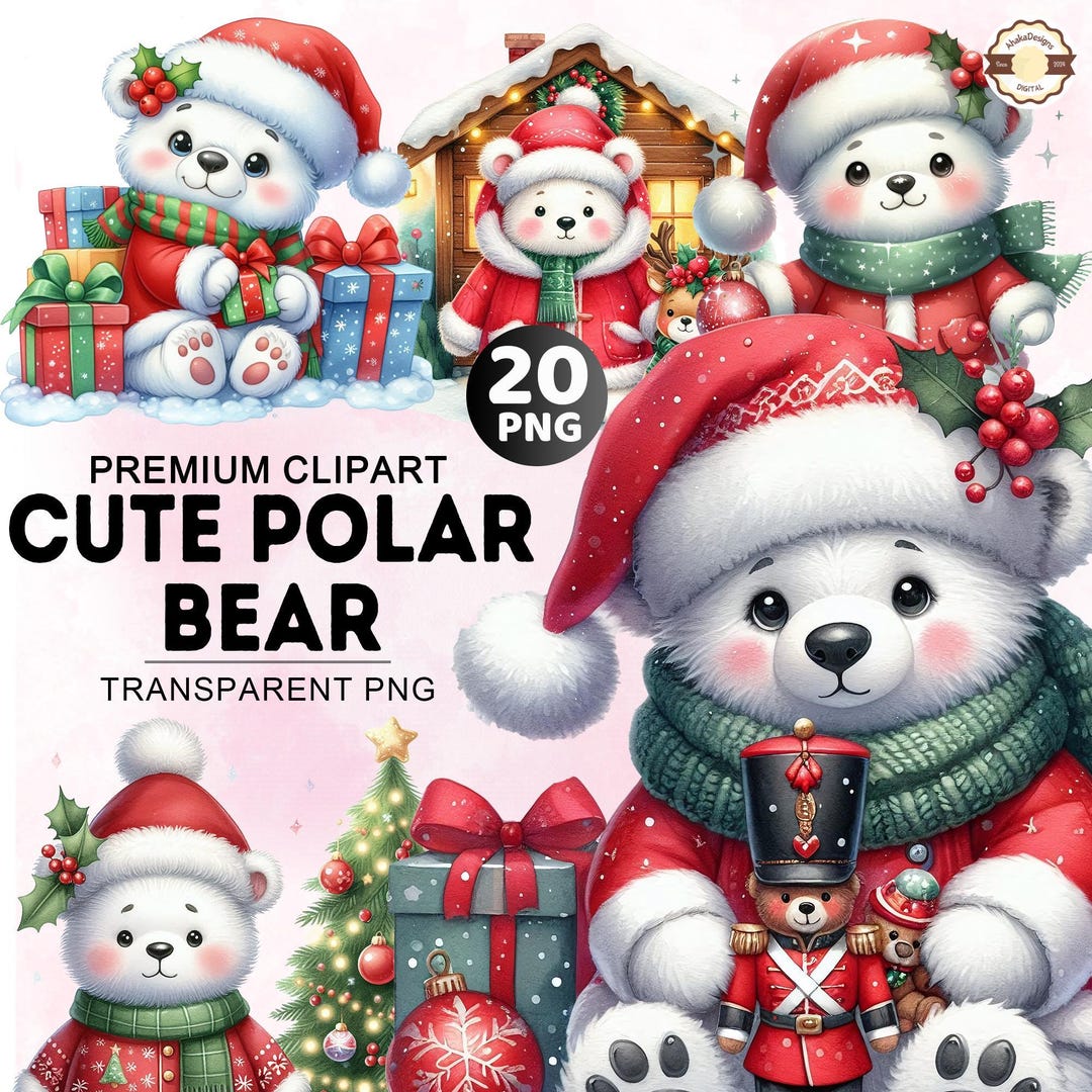 20 Christmas Bear Clipart Bundle, Watercolor Cute Polar Bear Clipart ...