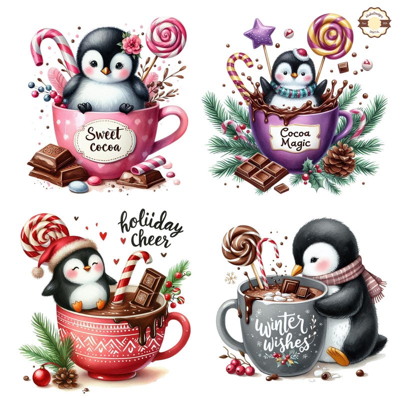 20 Christmas Penguin Clipart Bundle, Watercolor Hot Cocoa Penguin ...