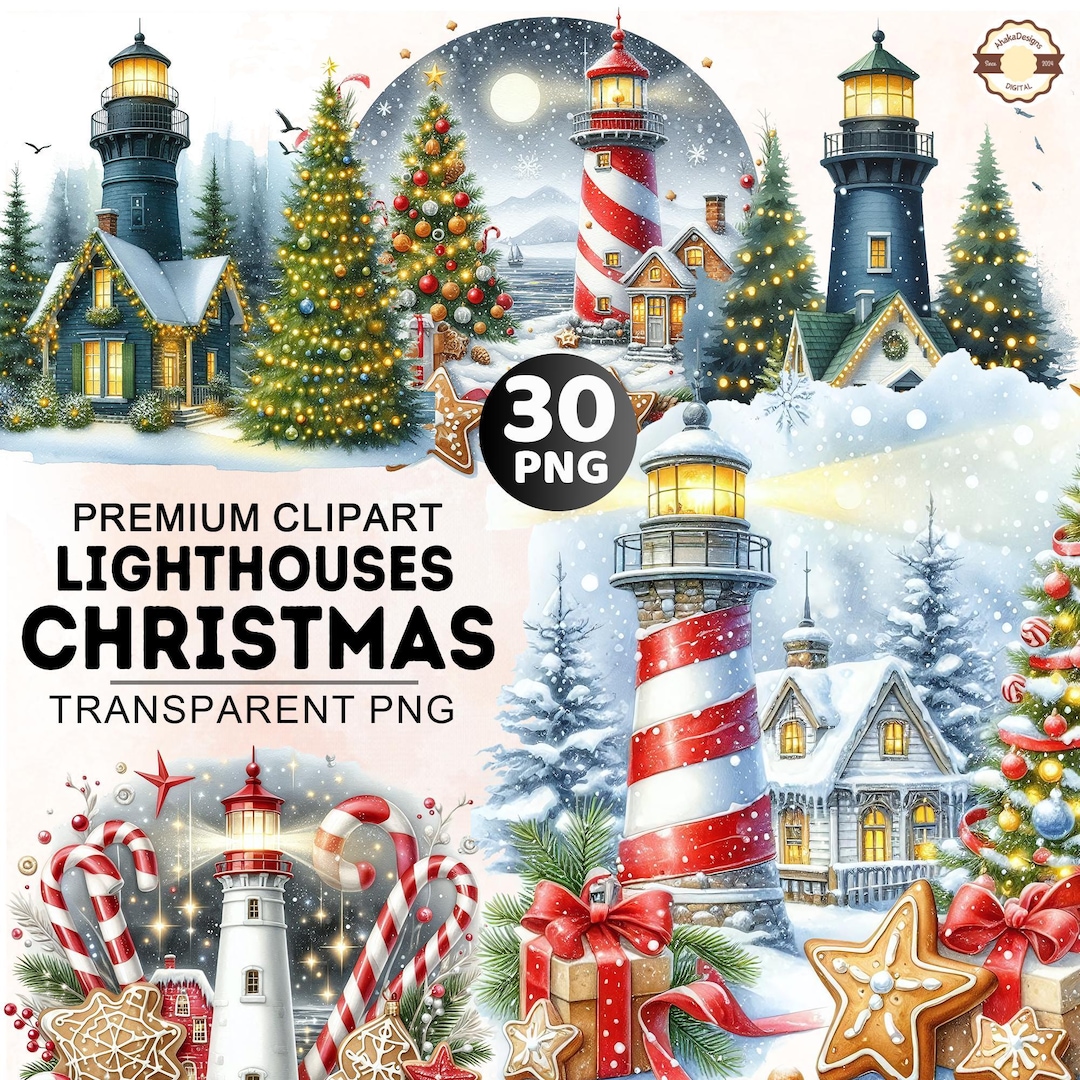 30 Winter Lighthouse Clipart Bundle, Watercolor Christmas Lighthouses ...