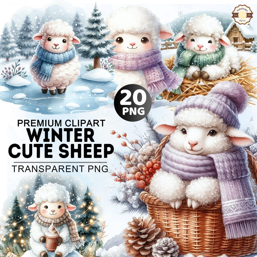 20 Christmas Sheep Clipart Bundle, Watercolor Cute Winter Sheep Clipart ...