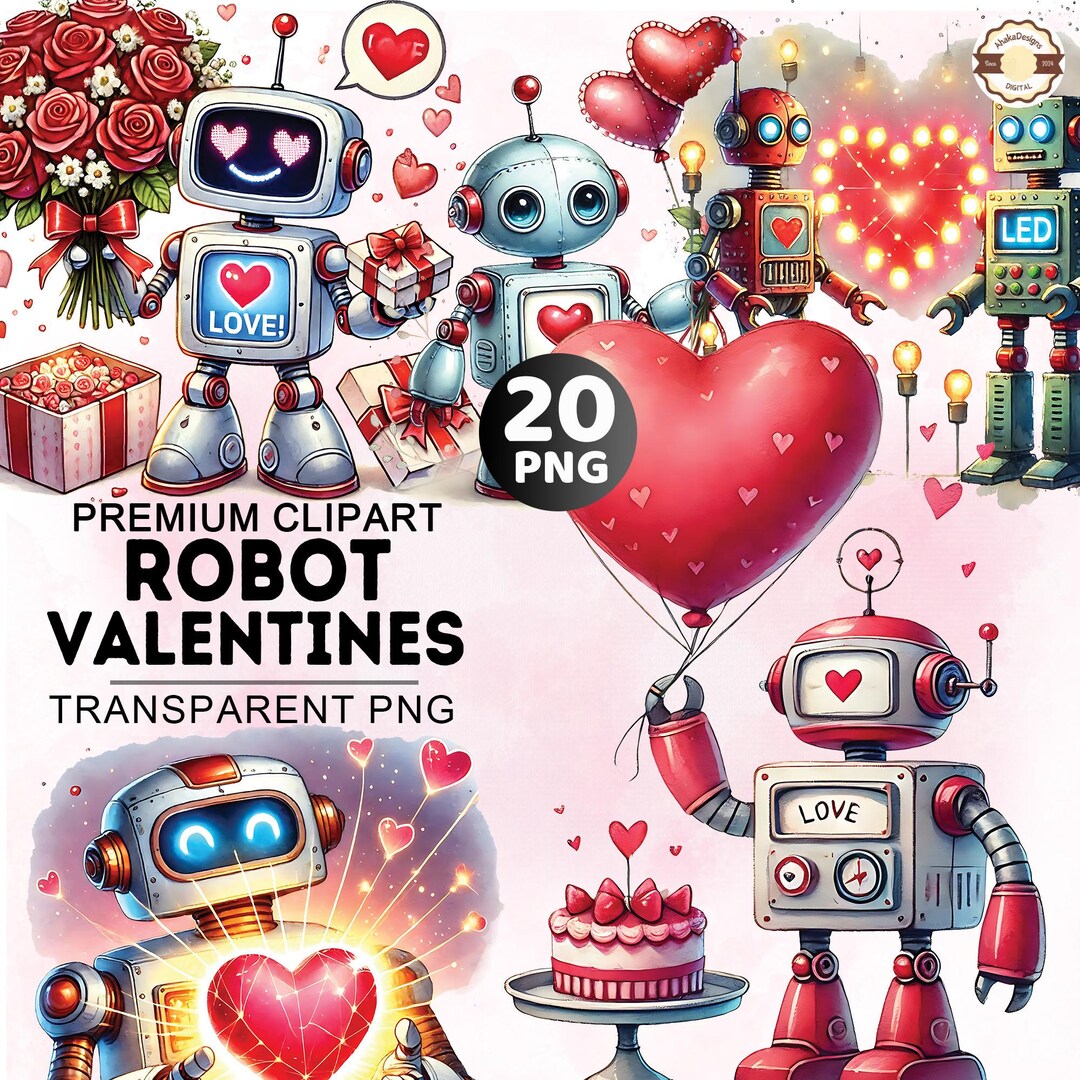 20 Valentines Robot Clipart Bundle, Watercolor Valentines Robot Clipart ...