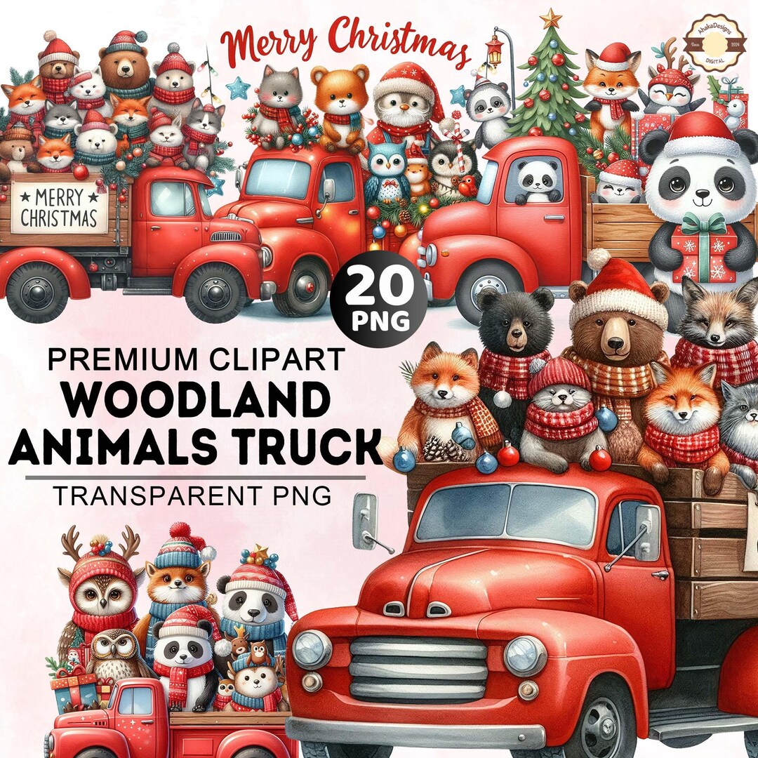 20 Christmas Animal Clipart Bundle, Watercolor Woodland Animal on Red ...