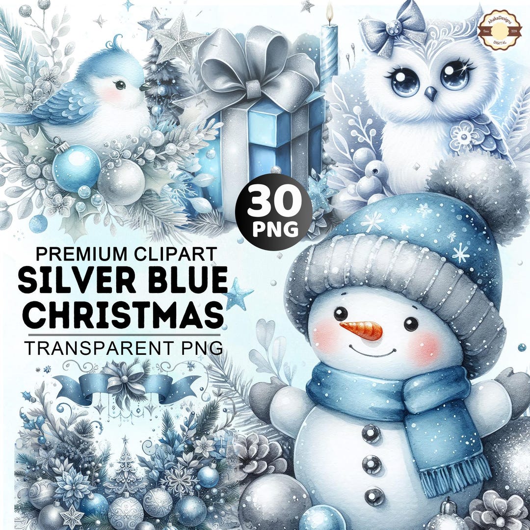 30 Pastel Christmas Clipart Bundle, Watercolor Silver Blue Christmas ...