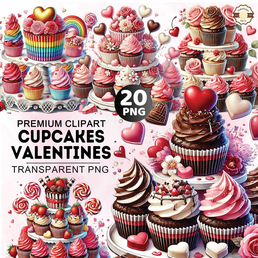 20 Valentines Cupcake Clipart Bundle, Watercolor Valentines Cupcakes ...