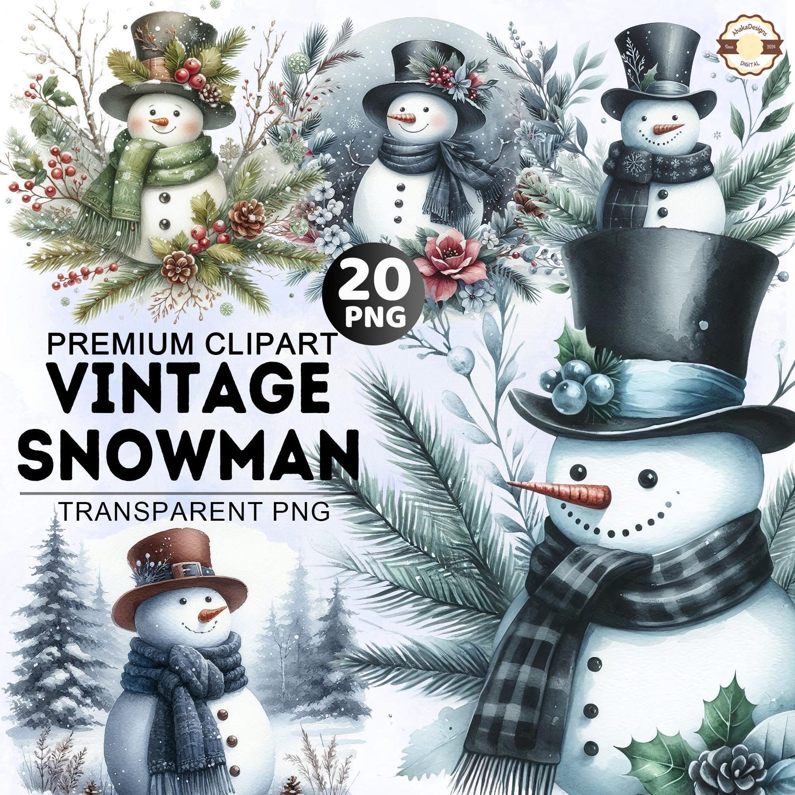 20 Snowman Winter Clipart Bundle, Watercolor Vintage Snowman Clipart ...