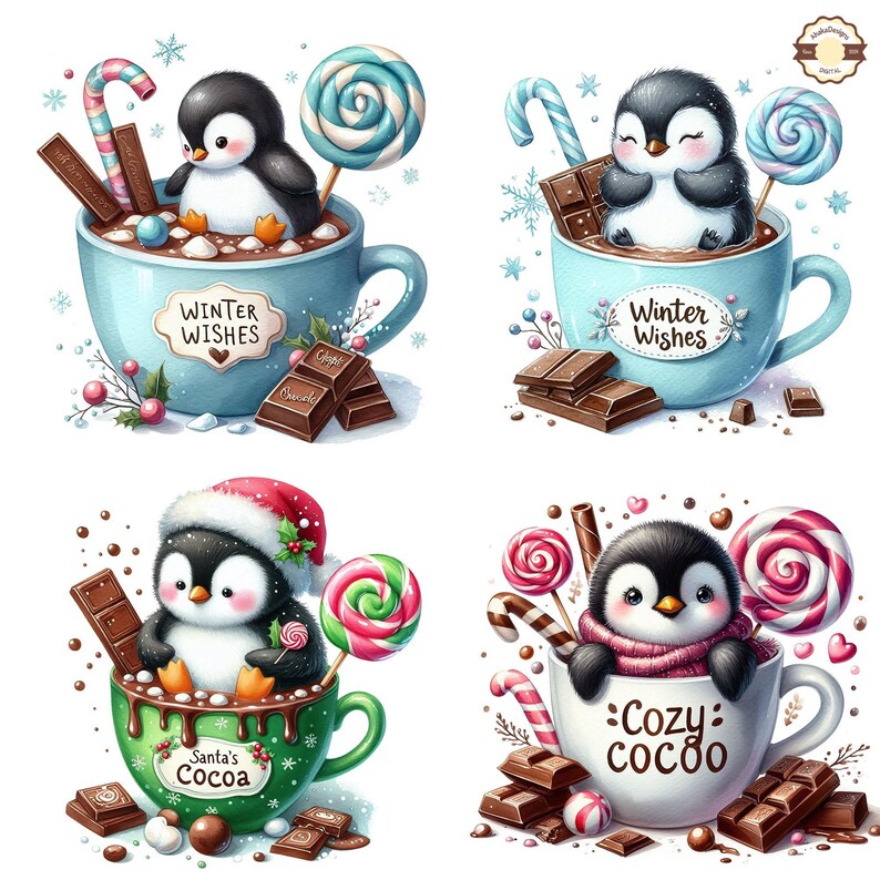 20 Christmas Penguin Clipart Bundle, Watercolor Hot Cocoa Penguin ...