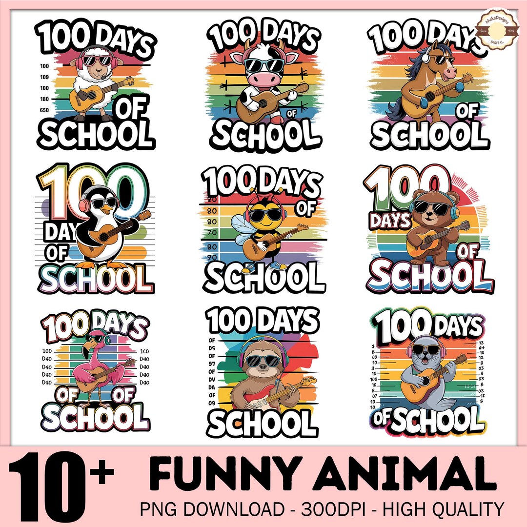 10 100 Days of School Funny Animal Clipart Bundle, Funny Animal School ...