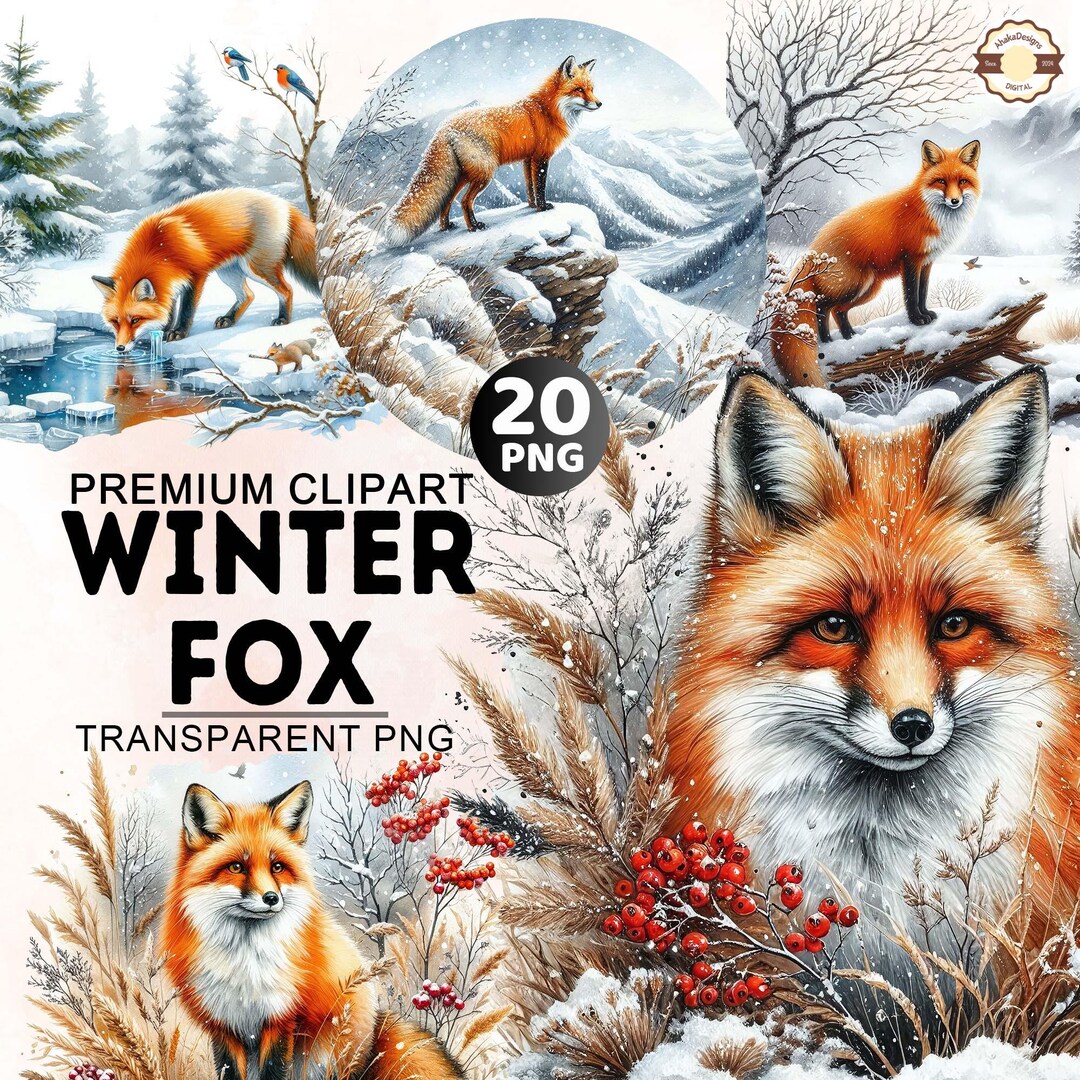 20 Christmas Fox Clipart Bundle, Watercolor Winter Fox Clipart ...