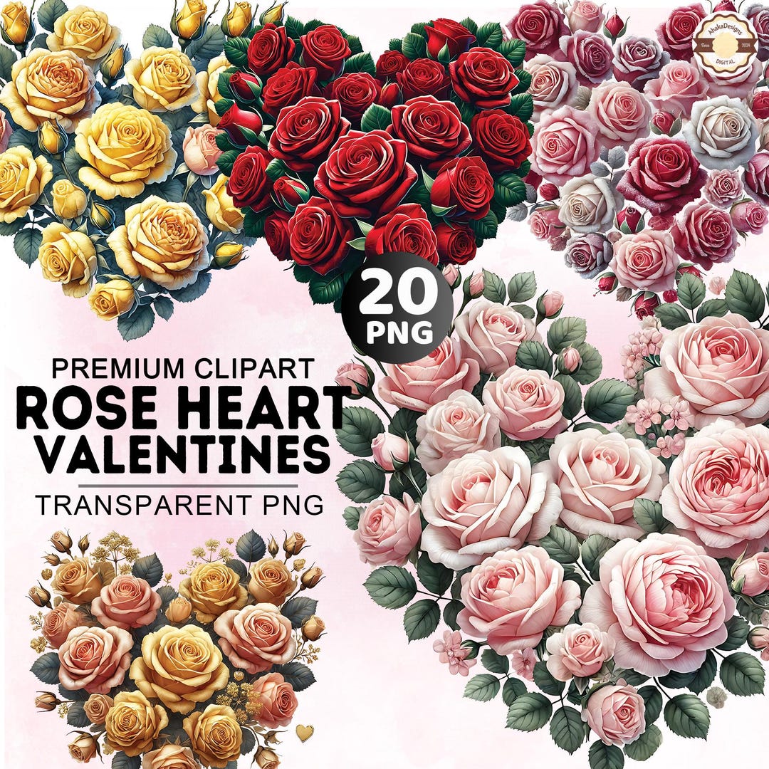 20 Rose Heart Clipart Bundle, Watercolor Valentine Rose Heart Clipart ...