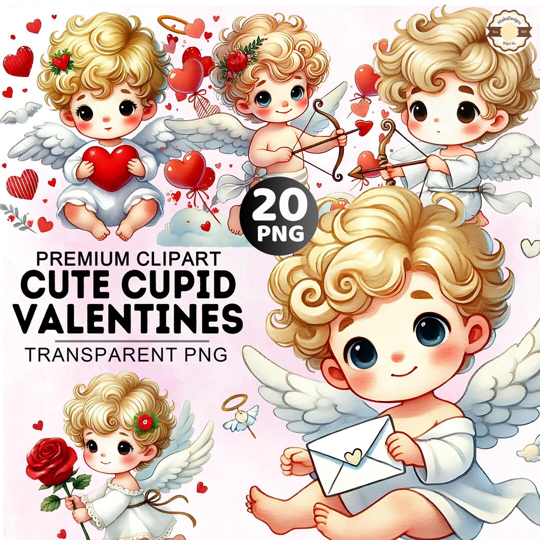 20 Cute Cupid Clipart Bundle, Watercolor Valentines Cute Cupid Clipart ...