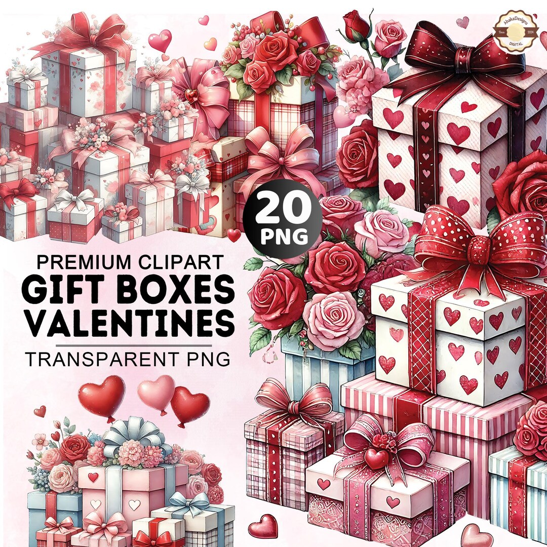 20 Romantic Gift Boxes Clipart Bundle, Watercolor Romantic Gift Boxes ...
