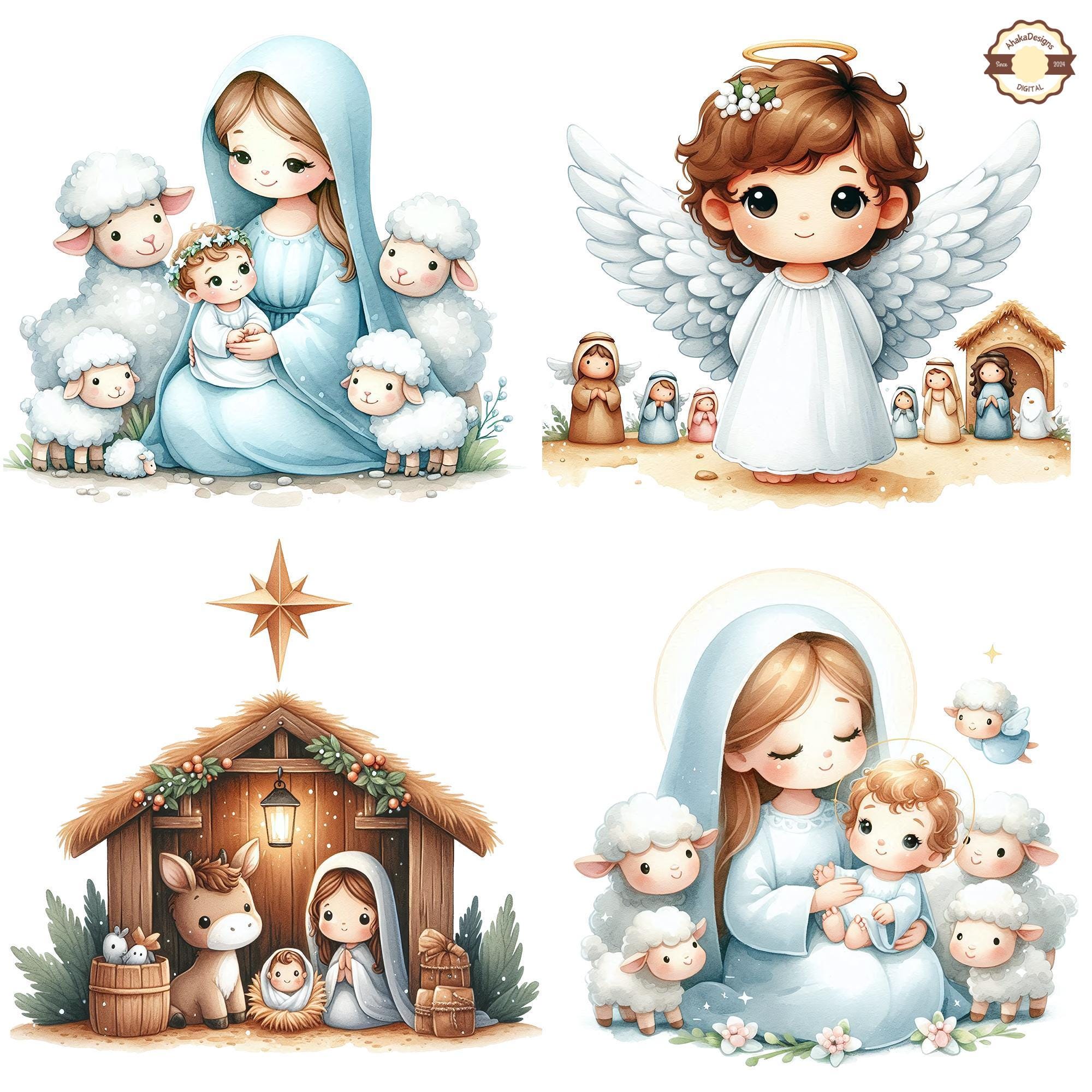 20 Xmas Jesus Birth Clipart Bundle, Watercolor Cute Nativity Scene ...